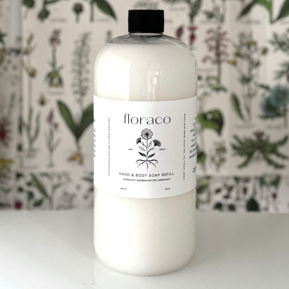 Floraco Hand Soap+ Body Wash Refill: cardamom, sandalwood, iris, cedar